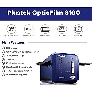 Plustek OpticFilm 8100-35mm Negative Film/Slide Scanner with 7200 DPI and 48-bit Output. Bundle Silverfast SE Plus 8.8, Support Mac and Windows