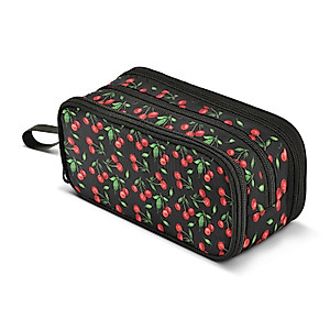 ALAZA Cherry Green Leaves Pencil Case Nylon Pencil Bag Portable Stationery Bag Pen Pouch with Zipper for Women Men College Office Work