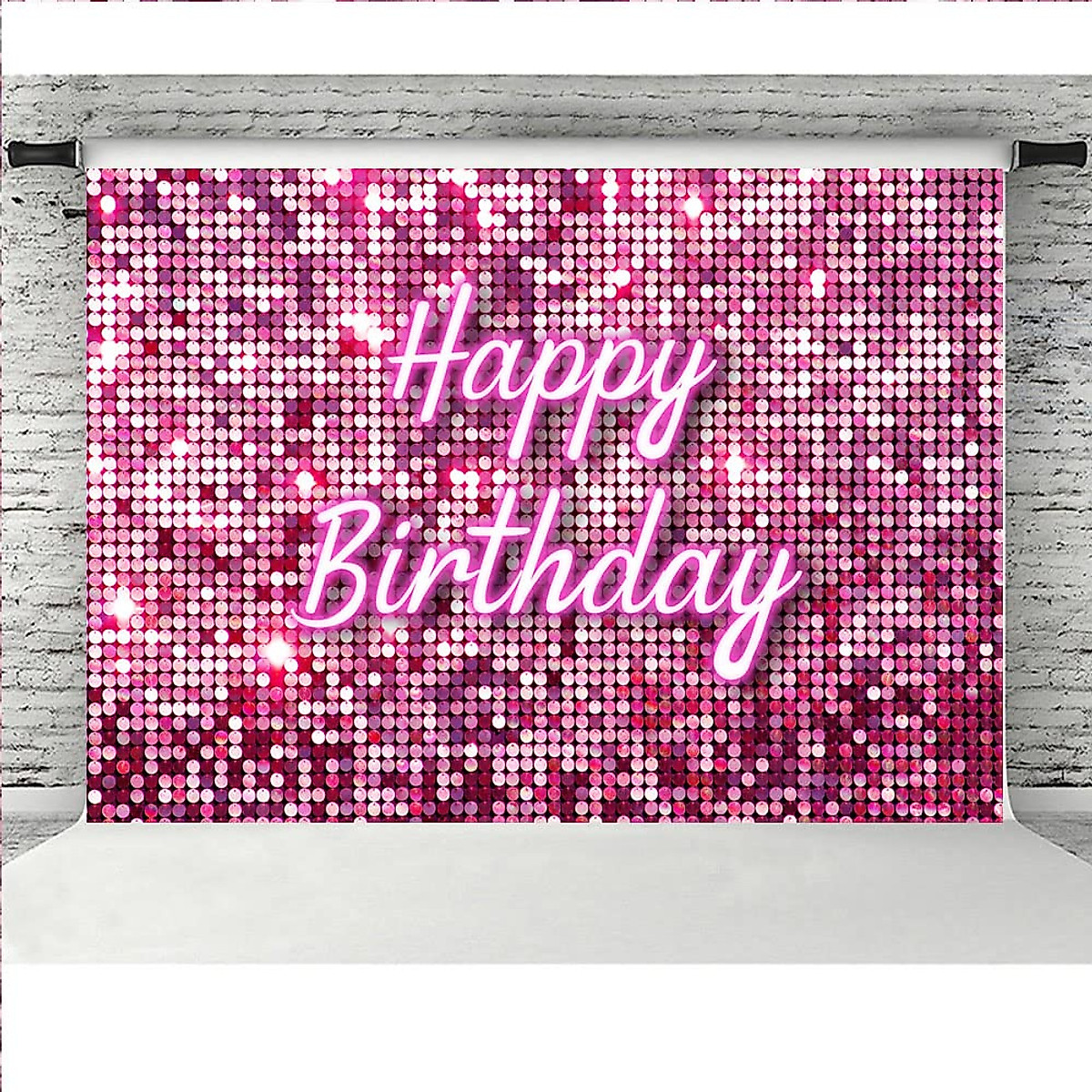 Lofaris Pink Flash Square Backdrop for Photography Happy Birthday Shinning Sequin Wall Panels Shimmer Wall Sweet 16 Girl Woman 20th 30th 40th Party Background Decorations Photo Studio Props 7x5ft