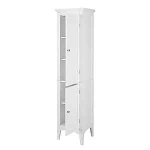 Elegant Home Fashions Glancy Linen Tower Freestanding Cabinet Tall Narrow Bathroom Kitchen Living Room Storage with 2 Shutter Doors 5 Tier Shelves, White, Standard