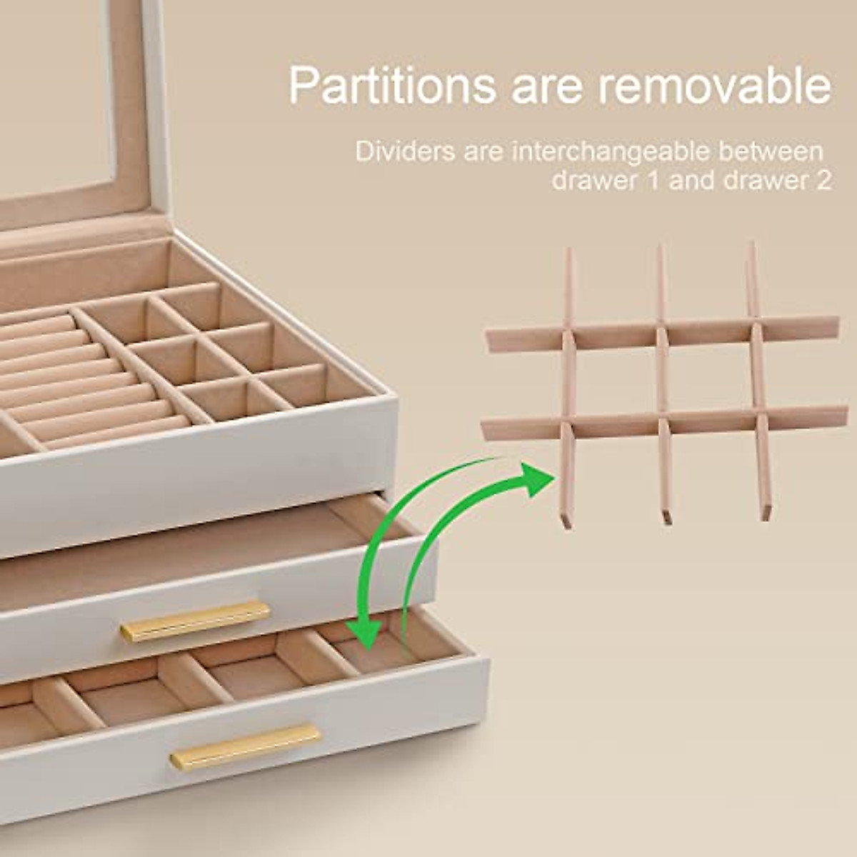 Somduy Jewelry Box Organizer for Women,3 Layers Jewelry Storage Display Box with Glass Lid,Gift for Christmas,3 Drawers,Large Capacity for Necklace Earrings Bracelets Rings,White