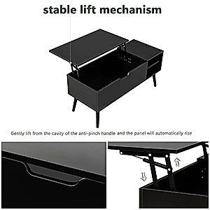 CLIKUUTORY Modern Black Lift Top Coffee Table with Hidden Compartment and Adjustable Storage Shelf, Mid Century Rustic Dining Table with Wood Legs for Home, Living Room, Office