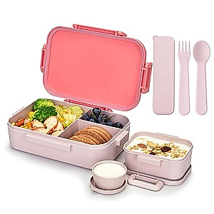 1200ML Bento Box, Wheat Straw Lunch Container With Utensil Set and Leak-Proof Movable Compartment, BPA-Free Lunch Box, Lightweight and Easy Open To-go Food Container for over 8 years old