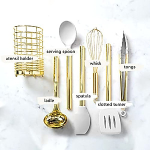 White Silicone and Gold Cooking Utensils Set with Holder- 7 PC Gold Kitchen Utensils Set Includes Gold Whisk, Gold Spatula, White Kitchen Utensils and Gold Utensil Holder- Gold Kitchen Accessories