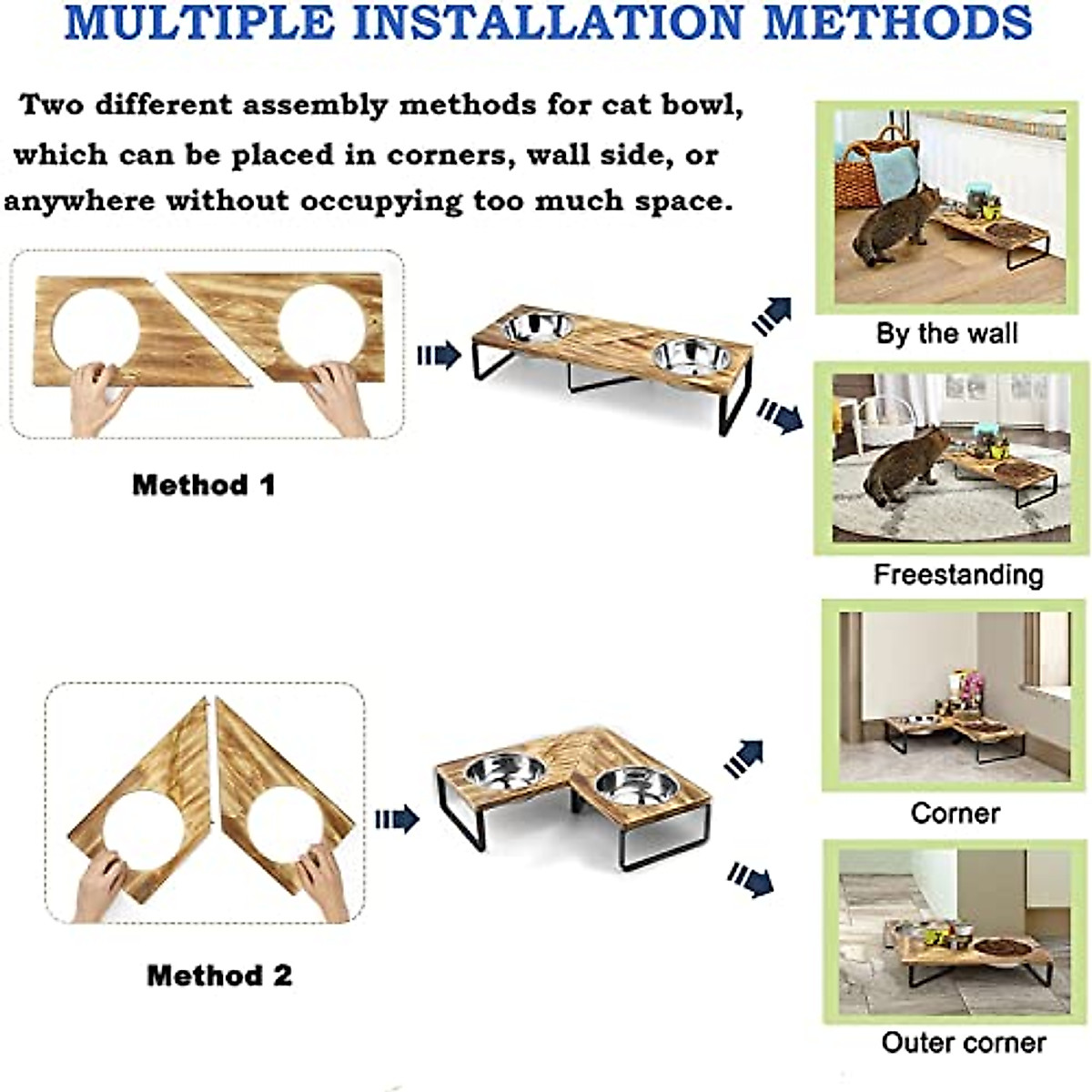 Cat Bowls Elevated Raised Cat Dog Bowl Stand with 2 Stainless Steel Cat Food Bowls for Cat Food and Water Bowls to Cats Small Dog Two Splicing Methods Carbonized Black