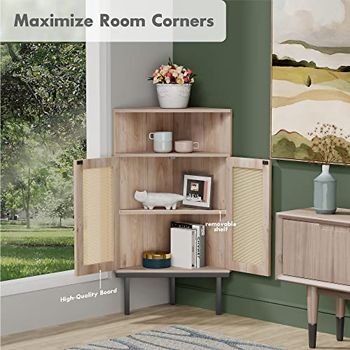 Stylish Corner Cabinet with Natural Rattan Doors