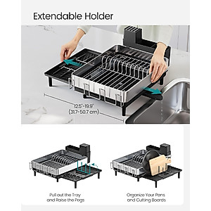 SONGMICS Large Dish Drying Rack, Expandable Dish Dryer for Kitchen Counter, Stainless Steel Dish Rack with Rotatable Spout, Utensil, Cup, Glass, Cutting Board, Pan Holders, Silver and Black UKCS037B01