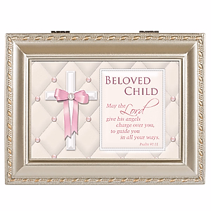 Cottage Garden Beloved Child Champagne Silver Rope Trim Music Box Plays Jesus Loves Me