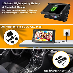 Wonnie 10.5inch Dual Portable DVD Player for Car, Headrest Kids CD Players with Two Headphones Built-in 5 Hours Rechargeable Battery, Support USB/SD/MMC,Regions Free,AV Out & in ( 1 Player+1 Monitor )