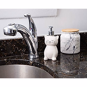 Isaac Jacobs White Ceramic Cat, Liquid Soap Pump/Lotion Dispenser with Chrome Metal Pump (Holds Up to 12 Oz) – Great for Bathroom, Kitchen Countertop, Bath Accessory (Cat)