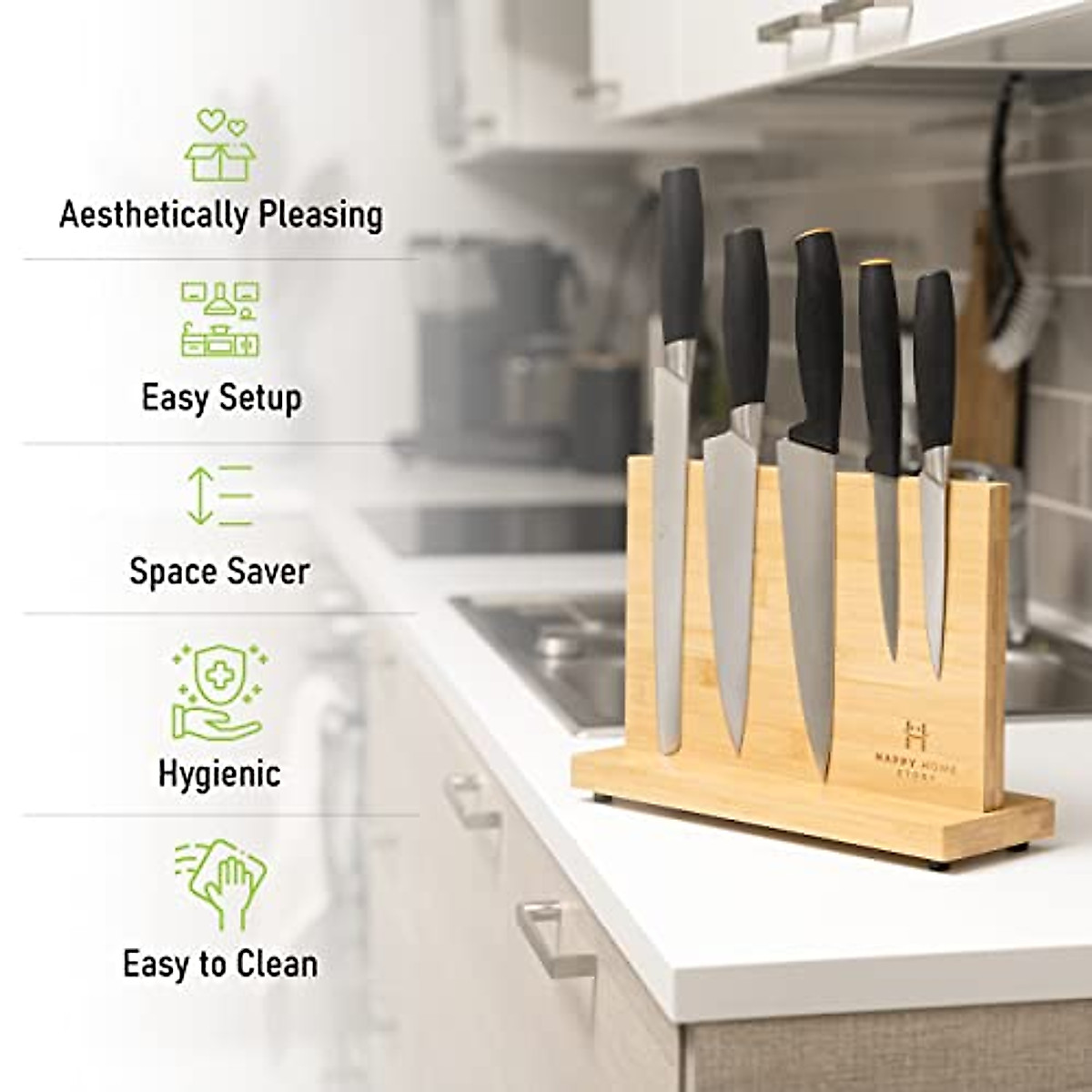 Magnetic Bamboo Knife Block 12", Double sided space saving freestanding storage holder for knives, handmade universal cutlery organizer stand with magnets in a bamboo outer layer, Without Knives