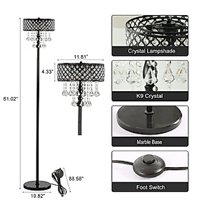 Hsyile KU300266 Mini European Crystal Floor Lamp for Living Room,Bedroom,Office - Standing Tall Pole Lamp with 3 LED Bulbs - Classic Black