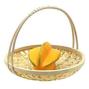 TimesFriend 100% Handwoven Flat Wicker Round Fruit Basket Woven Food Storage Weaved Shallow Tray Organizer Holder Bowl Decorative Rack Display Kids DIY Drawing Board (27cm/10.5")