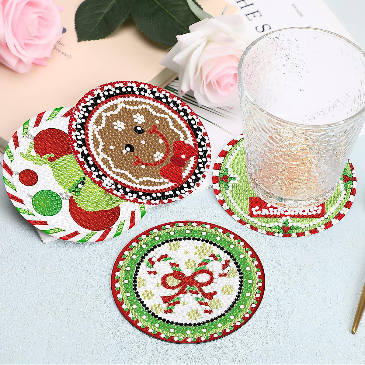 cupmod 8PCS Christmas Diamond Painting Coasters with Holder,Cartoon Diamond Art Coasters Kits for Beginners,Adults & Kids Small Diamond Art Kits Craft Supplies