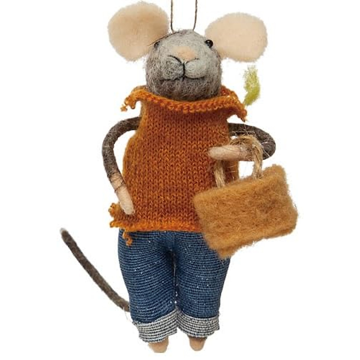 OnHoliday Wool Felt Mouse in Sweater and Jeans Gardening with Basket Hanging Christmas Tree Ornament