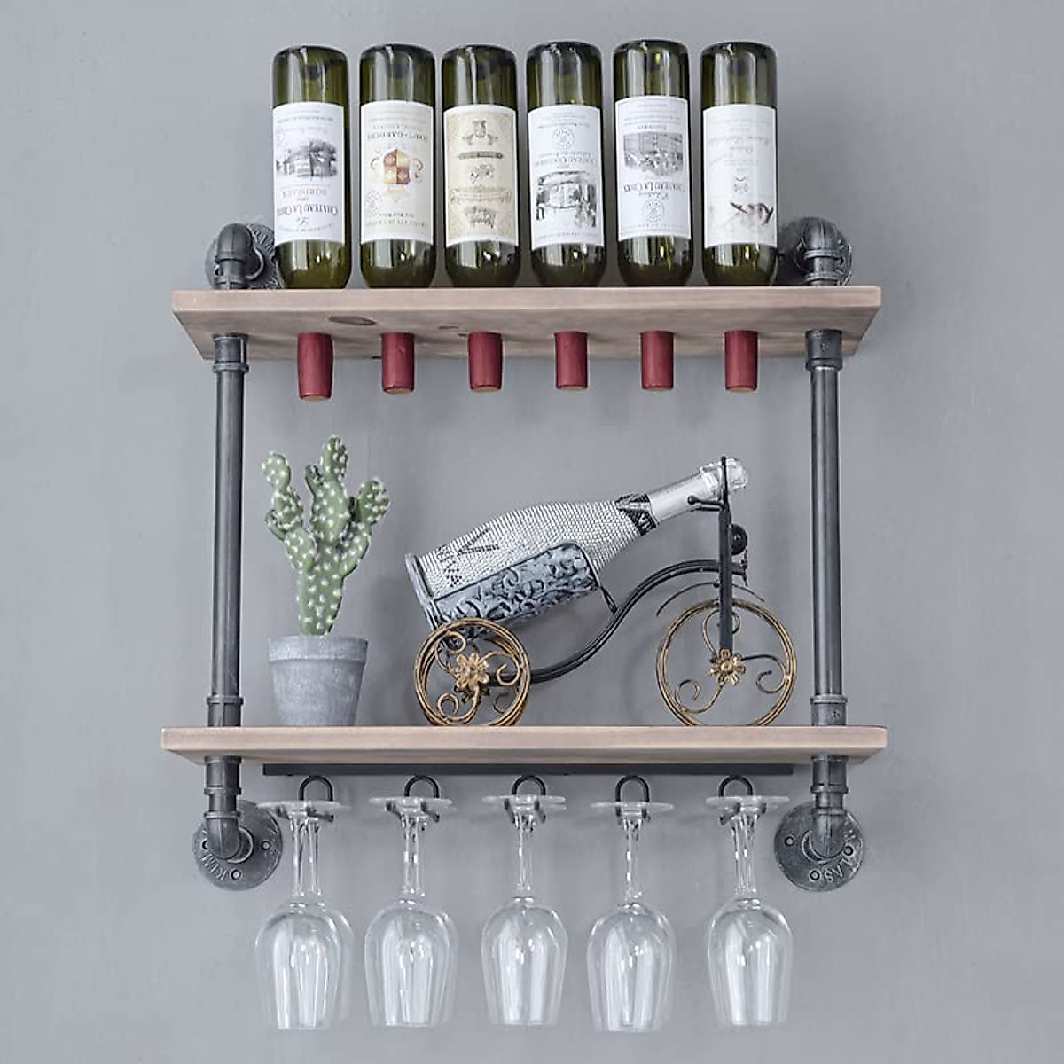 WGX Design For You Industrial Rustic Wall Mounted Wine Racks with Glass Holder Pipe Hanging Wine Rack,2-Tiers Wood Shelf Floating Shelves,Home Room Living Room Kitchen Decor Display Rack (24inch)