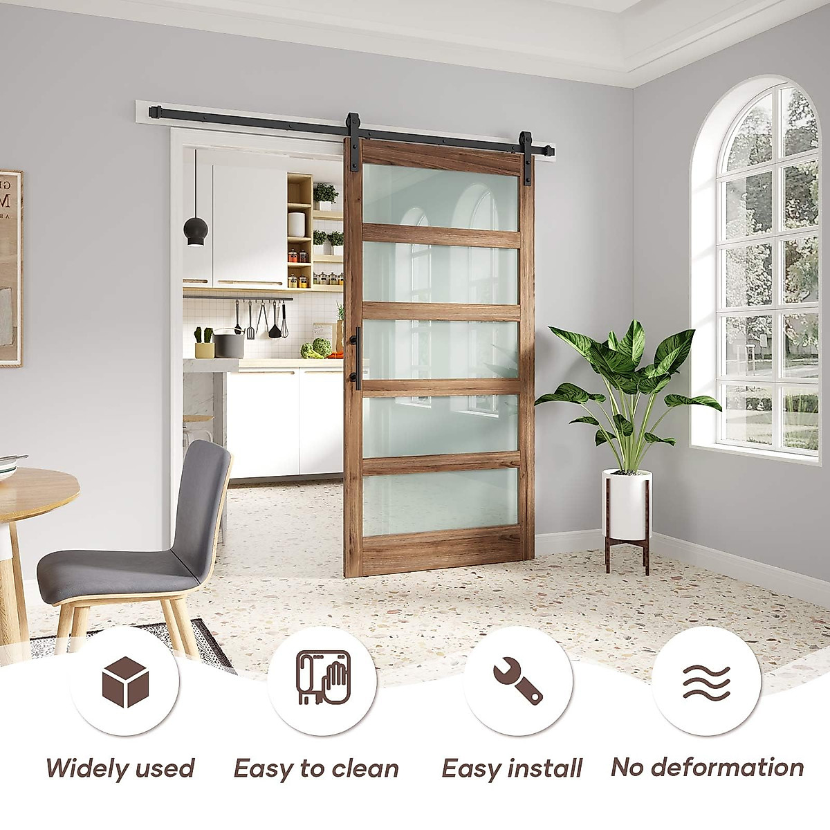 FREDBECK 42 x 84 inch Glass Barn Door with 7FT Barn Door Hardware Kit Included,5-Panel Frosted Glass, Water-Proof Surface,Pre-Drilled Holes,Need Assembly,Fit 38in-41in Opening