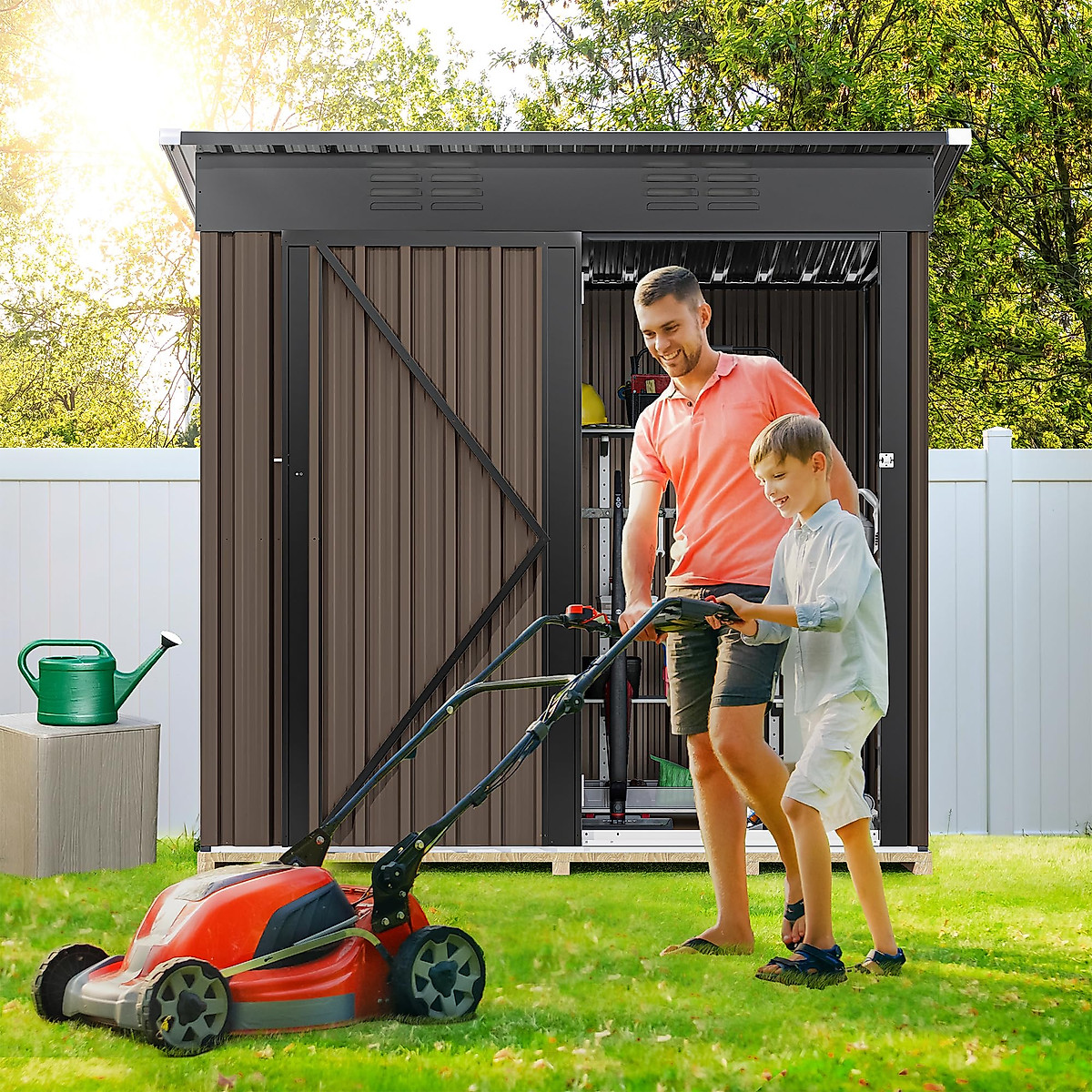 DWVO Outdoor Storage Shed 5x3FT, Heavy Duty Metal Tool Sheds Storage House with Single Lockable Door & Air Vent for Garden, Patio, Lawn to Store Bikes, Trash Bins, Tools, Lawnmowers,Brown