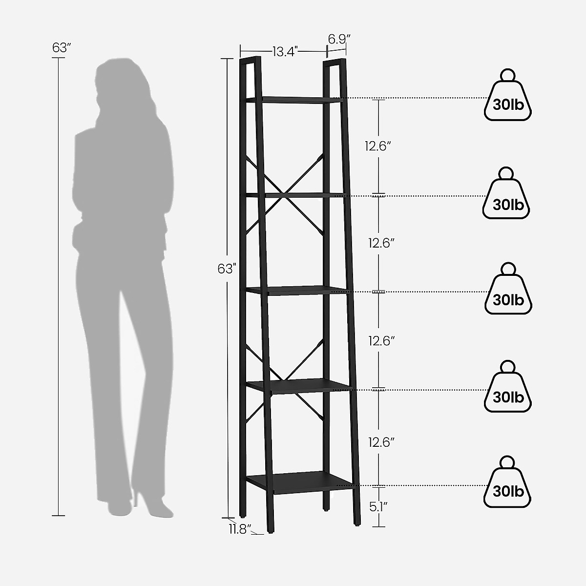 Hzuaneri Ladder Shelf, Bookshelf Bookcase, Freestanding Corner Storage Shelve with 2 Hooks for Home Office, Living Room, Kitchen, Bedroom, Industrial, 5-Tier Black BC03204B