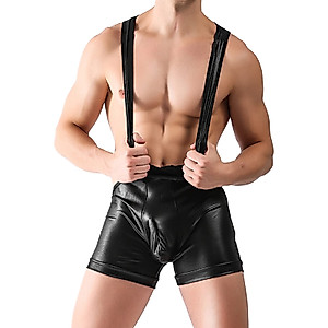 Maiyifu-GJ Men's Faux Leather Wrestling Singlet Stretch Suspenders Jockstrap Bodysuit One Piece Athletic Jumpsuit Underwear (Black,Large)