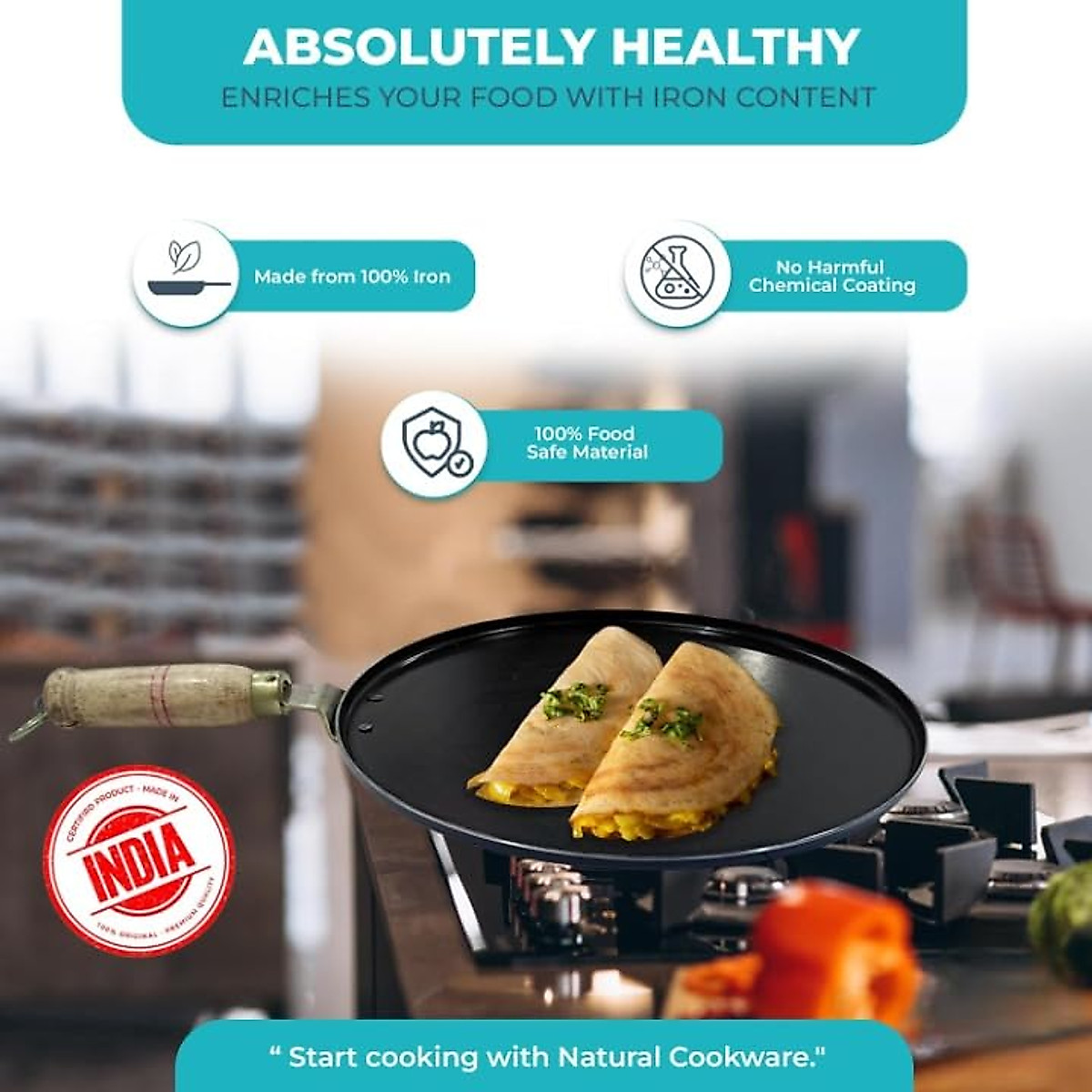 KASHVIYA Pre-Seasoned Iron Flat Dosa/Omelette/Roti/Chapati Tawa with Wooden Handle, Medium 10.5 Inch/27 Cm Gas&Induction Compatible | 100% Pure & Toxin-Free Iron, No Chemical Coating