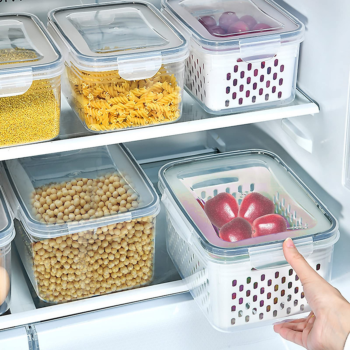Mochalight 3Pcs Refrigerator Fresh Storage Containers Double-Layer Organizer,2 in 1 Fruit Vegetable Storage Containers Double-Layer Draining Fresh Box for Kitchen Refrigerator