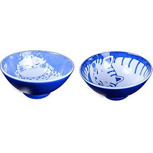Set of 2 Japanese Rice Bowls, Cute Cats Design Buchi and Tora Bicolor and Tabby Porcelain Bowls