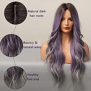 YUSHU Long Purple Wigs for Women Long Wavy Ombre Middle Part Colored Heat Resistant Synthetic Wig for Daily Party Use Cosplay(Ombre Purple, 26 Inch)