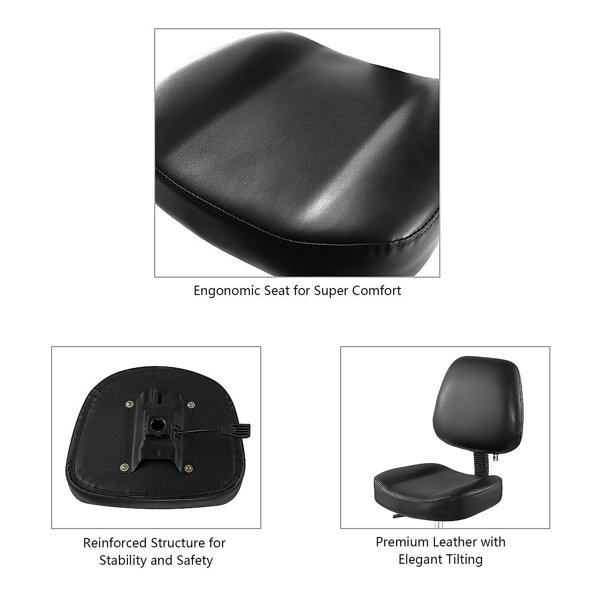 Grace&Grace Rolling Shop Stool Chair with Back Support for Drafting,Work,Studio,Workshop,Office,Rolling Vanity Chair with Wheels (Black, Without Foot Rest)