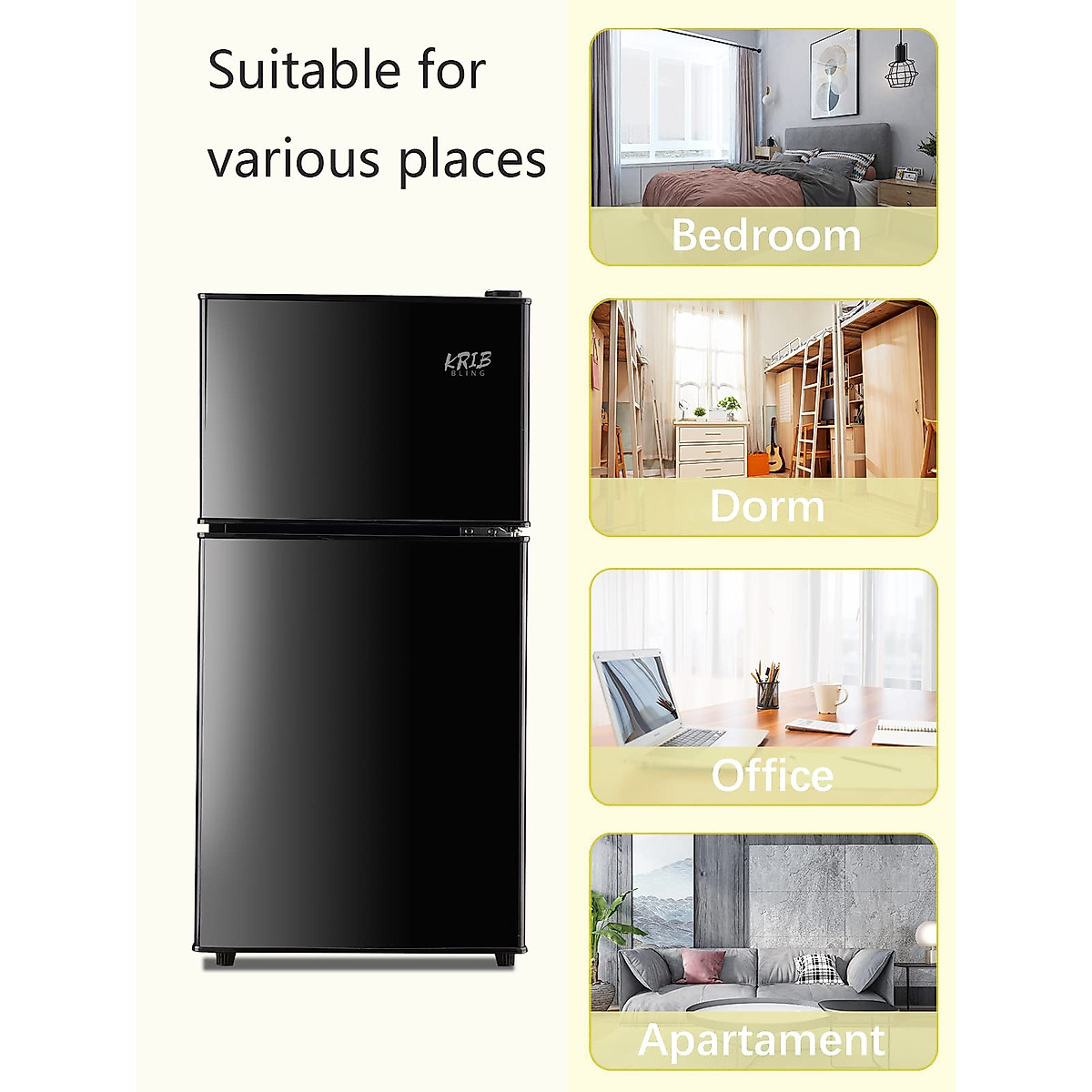 KRIB BLING 3.5 Cu.Ft Compact Refrigerator with Freezer, Retro Fridge, Mini Fridge with Two Door Design, 7 Level Adjustable Thermostat for Dorm, Office, Bedroom, Apartment, Black