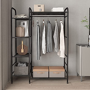 Nyehiret Metal Free-Standing Garment Rack，Storage Organizer for Bedroom Clothes Garment Rack with Shelves，Hanging Rod and Storage Box, Black