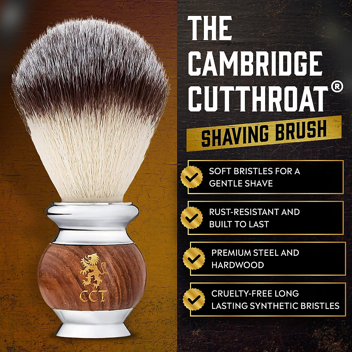 The Cambridge Cut Throat® Luxury Missanda Hardwood and Stainless Steel Men's Shaving Brush for Soap, Foam or Cream with Premium Synthetic Silvertip Vegan Friendly Badger Bristles Male Grooming Present