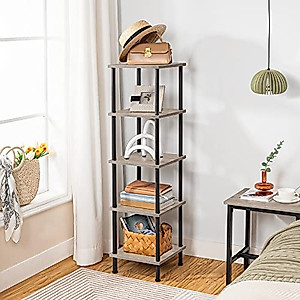 HOOBRO End Table with Charging Station and 5-Tier Corner Shelf, Narrow Side Table with 2 Drawers, Wood Storage Rack Plant Stand, Nightstand for Small Spaces, Greige BG541BZ01-BG50CJ01
