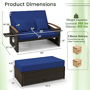 Moccha Outdoor Wicker Daybed, Patio Rattan Loveseat Sofa w/ 4-Level Adjustable Backrest, Folding Panels, Storage Ottoman & Cushions, Lounge Furniture Set for Poolside Backyard Porch (Navy)