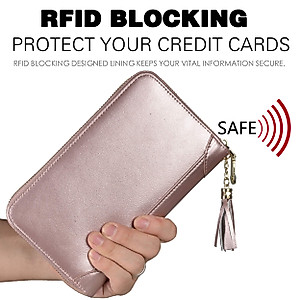 Easyoulife Credit Card Holder Wallet Womens Zipper Leather Case Purse RFID Blocking (Rose Gold)