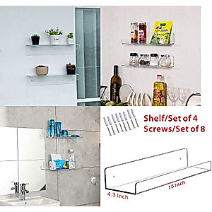 Cq acrylic 15" Invisible Acrylic Floating Wall Ledge Shelf, Wall Mounted Nursery Kids Bookshelf, Invisible Spice Rack, Clear 5MM Thick Bathroom Storage Shelves Display Organizer, 15" L,Set of 4