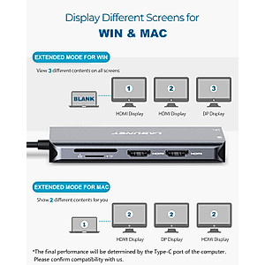Lasuney Triple Display 10 in 1 USB Type C HUB with to 2 HDMI, Displayport, PD3.0, Ethernet, 3 USB Ports, SD/TF, Multiport Adapter Docking Station Dongle for Laptop