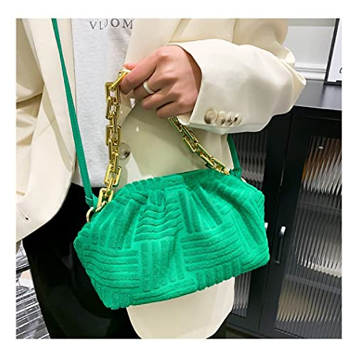 Soft Cotton Shoulder Bag for Women Metal Chain Clutch Hobo Evening Handbags Cross Body Color Green