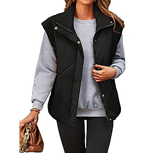 MEROKEETY Puffer Vest for Women Lightweight Fall Snap Button Quilted Jacket Coat with Pockets,Black,XL
