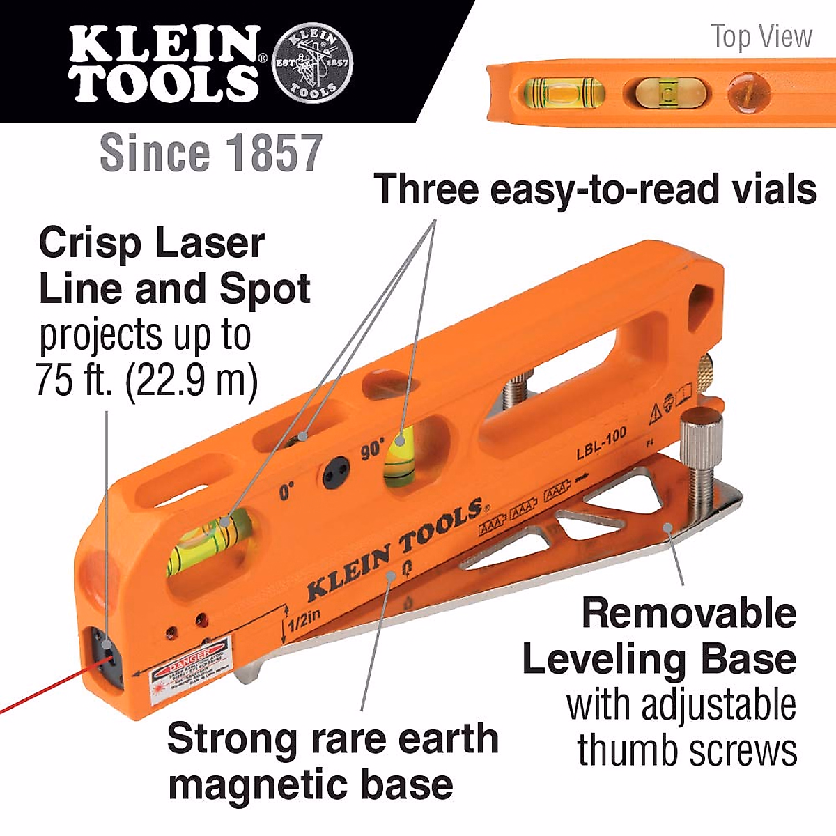 Klein Tools LBL100 Laser Level with Level Bubble Vials, Magnetic, 3-Vial with Leveling Base, Laser Line and Laser Spot Orange