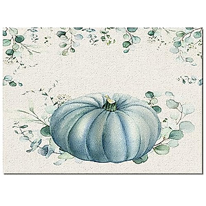 Rustic Blue Pumpkin Large Rectangular Area Rugs 5' x 8' Living Room, Durable Non Slip Rug Carpet Floor Mat for Bedroom Bedside Outdoor Thanksgiving Fall Green Eucalyptus Leaves