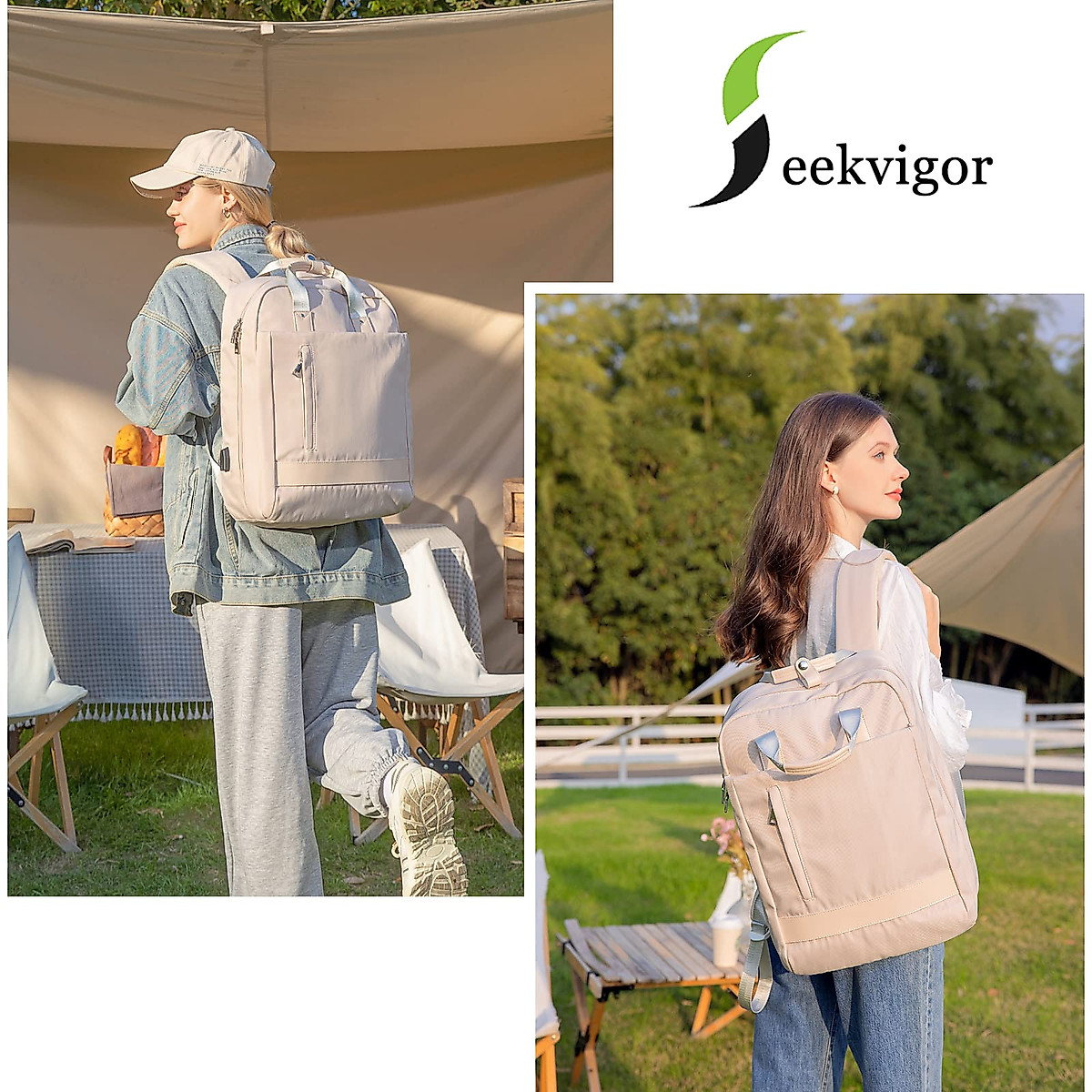 Seekvigor Travel Laptop Backpack for Women,15.6 Inch Work Backpack, 20L Smart Backpack with Laptop Compartment for Travel, Everyday, Work, or College,Beige