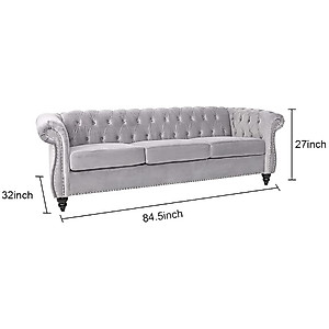 Chesterfield Sofa, Modern Tufted Velvet Couch 3 Seater with Scroll Arms and Nailhead for Living Room, Bedroom, Office, Apartment (Grey)