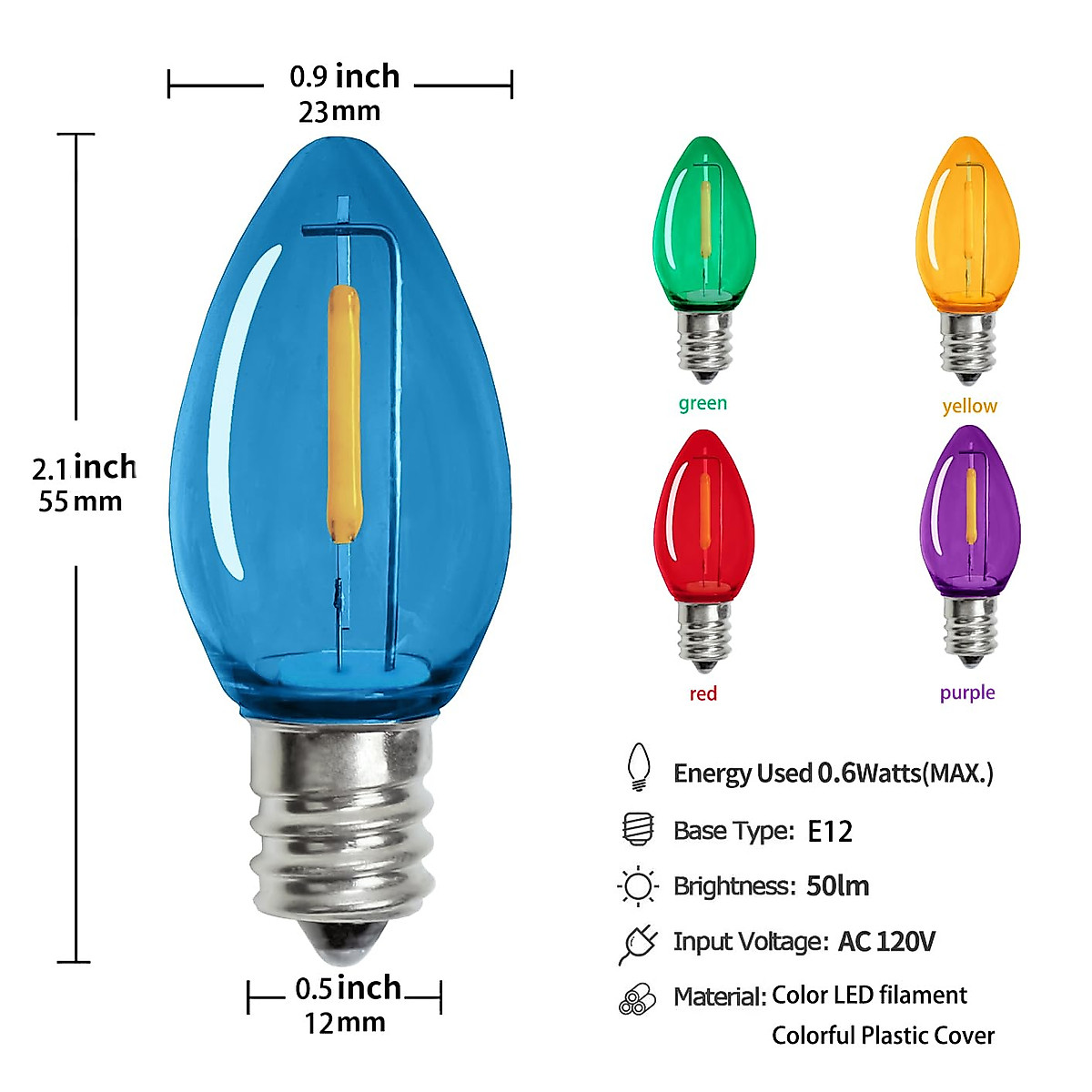 Exiugus 25Pack Shatterproof & Waterproof C7 Replacement LED Light Bulbs – 0.6W Equivalent to 7W, Multi-Color C7 LED Bulbs for Outdoor String Light, Commercial Grade Holiday Bulbs