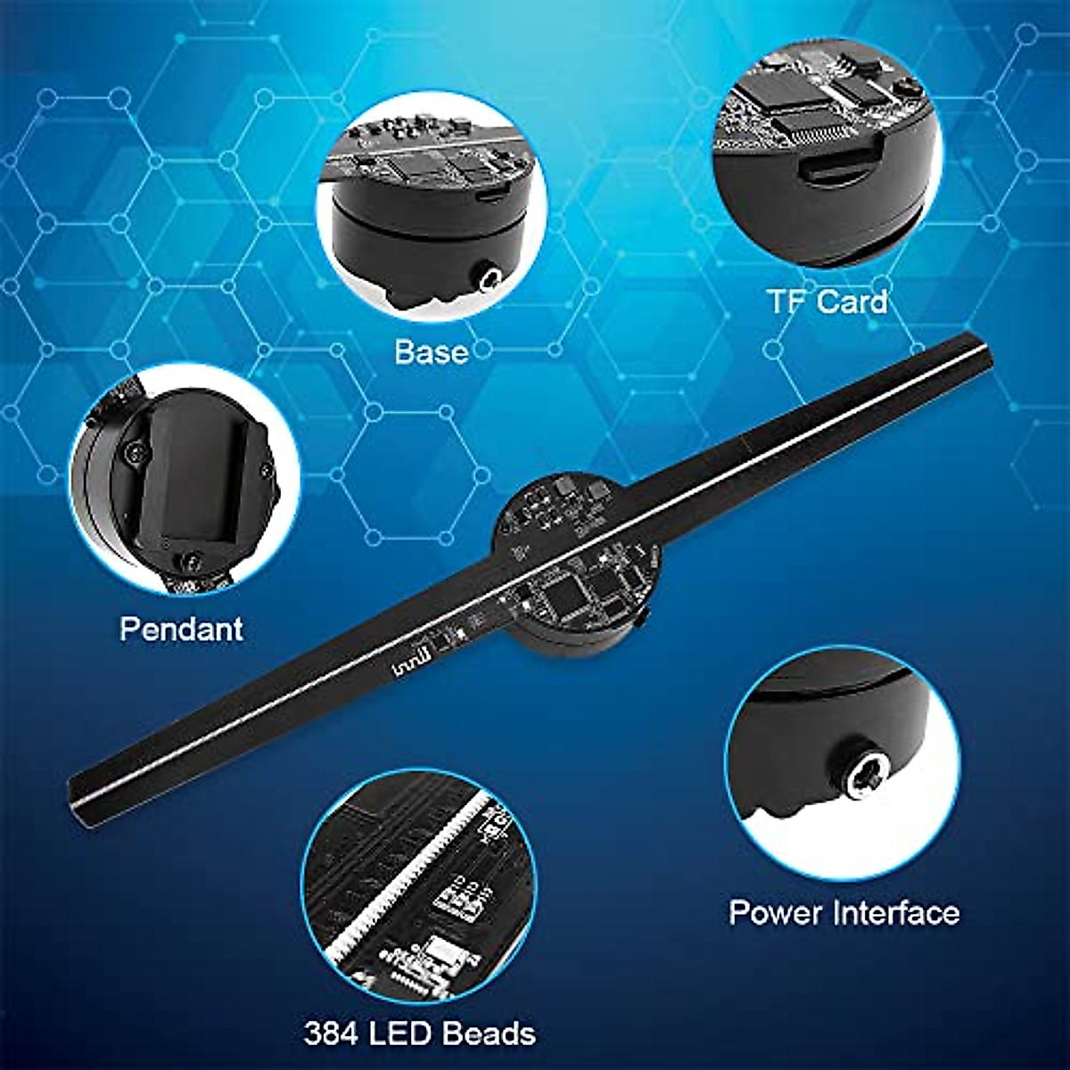 WISVANAI 3D Hologram Fan Projector, WiFi Control Holographic Advertising Display Fan with 384 LED Beads, 16.5inch Bluetooth Speaker Supported Video Projector