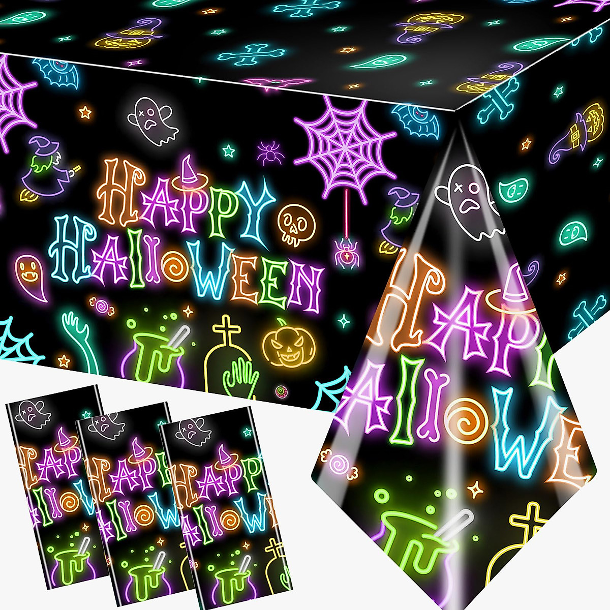 CMUSKO 3Pcs Neno Halloween Tablecloths-Glow Black Halloween Disposable Plastic Table Cover for Happy Halloween Party Supplies