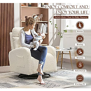 KINFFICT Modern Swivel Glider Chair, Upholstered Accent Glider Rocker for Baby Nursery, Comfy Tall Back Rocking Armchair with Side Pocket and Headrest for Living Room, Bedroom, White Teddy Fabric