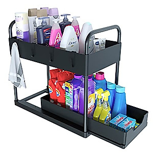 EWQKPEL 2 Tier Under Sink Organizers and Storage, Sliding Drawer Bathroom Kitchen Sink Organizer with 4 Hooks 2 Handles, Multi-purpose Under Cabinet Shelf, Bath Collection Basket