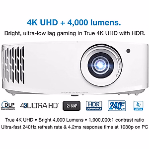 Optoma UHD38 Bright, True 4K UHD Gaming Projector | 4000 Lumens | 4.2ms Response Time at 1080p with Enhanced Gaming Mode | Lowest Input Lag on 4K Projector | 240Hz Refresh Rate | HDR10 & HLG