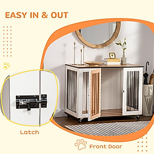 PawHut Large Dog Crate Furniture on Wheels, Dog Crate End Table Indoor with Lockable Door for Large Dogs, 42" W x 23.5" D x 32" H, White